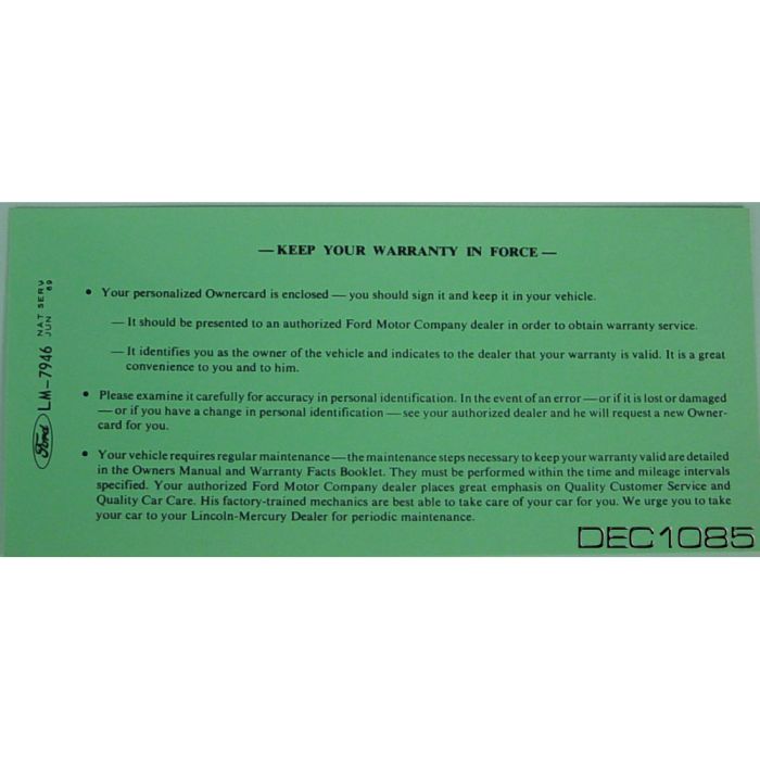 Jim Osborn Reproductions Mustang Personal Warranty Card Instructions ...