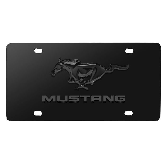 License Plate Black Stainless Steel W/ 3D Dark Gray Mustang Pony Logo